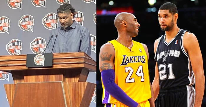 Tim Duncan gets emotional speaking about Kobe Bryant at the HOF press ...