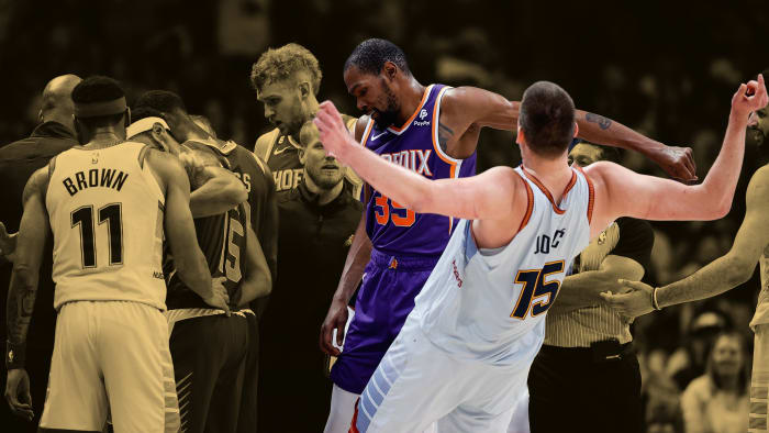 Nikola Jokic jokes why he approached the Phoenix Suns huddle that led to a Kevin Durant shove ...