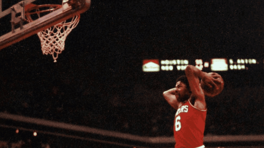 "Dr. J" famous "Rock the Baby" Cradle Dunk against the Lakers ...